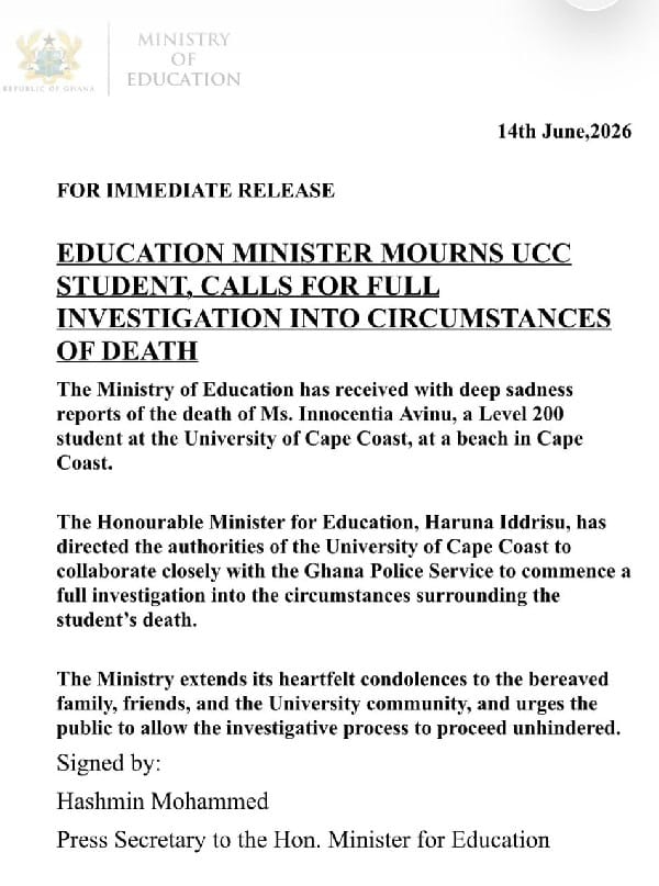 Education Minister Mourns Death of Level 200 UCC Student; Orders Full ...